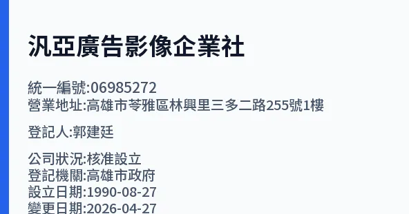 汎亞廣告影像企業社的照片-統編 06985272(高雄市) 公司登記資料與營業項目詳細圖表