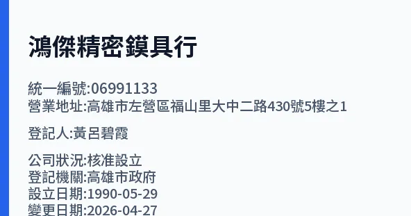 鴻傑精密鏌具行的照片-統編 06991133(高雄市) 公司登記資料與營業項目詳細圖表