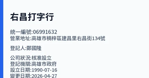 右昌打字行的照片-統編 06991632(高雄市) 公司登記資料與營業項目詳細圖表