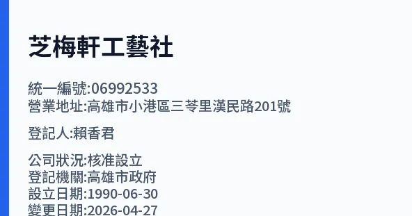 芝梅軒工藝社的照片-統編 06992533(高雄市) 公司登記資料與營業項目詳細圖表