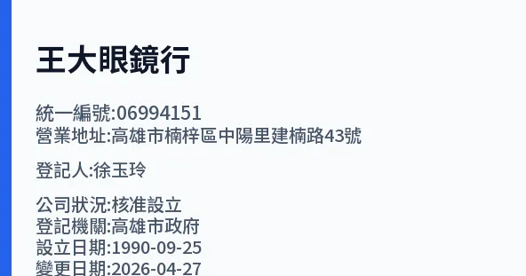 王大眼鏡行的照片-統編 06994151(高雄市) 公司登記資料與營業項目詳細圖表