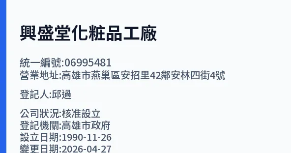 興盛堂化粧品工廠的照片-統編 06995481(高雄市) 公司登記資料與營業項目詳細圖表