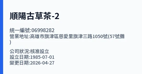 順陽古草茶-2的照片-統編 06998282(高雄市) 公司登記資料與營業項目詳細圖表