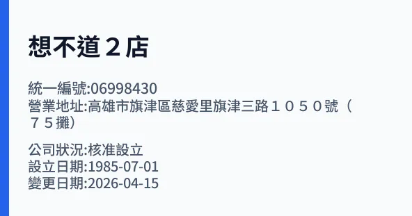 想不道２店的照片-統編 06998430(高雄市) 公司登記資料與營業項目詳細圖表