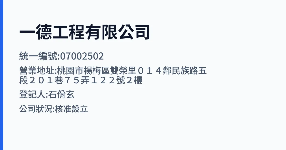 一德工程有限公司 - 統編 07002502(桃園市) 公司登記資料與營業項目詳細圖表
