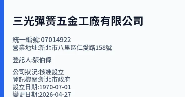 三光彈簧五金工廠有限公司的照片-統編 07014922(新北市) 公司登記資料與營業項目詳細圖表