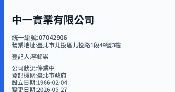 中一實業有限公司的照片-統編 07042906(臺北市) 公司登記資料與營業項目詳細圖表