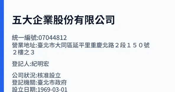 五大企業股份有限公司的照片-統編 07044812(臺北市) 公司登記資料與營業項目詳細圖表