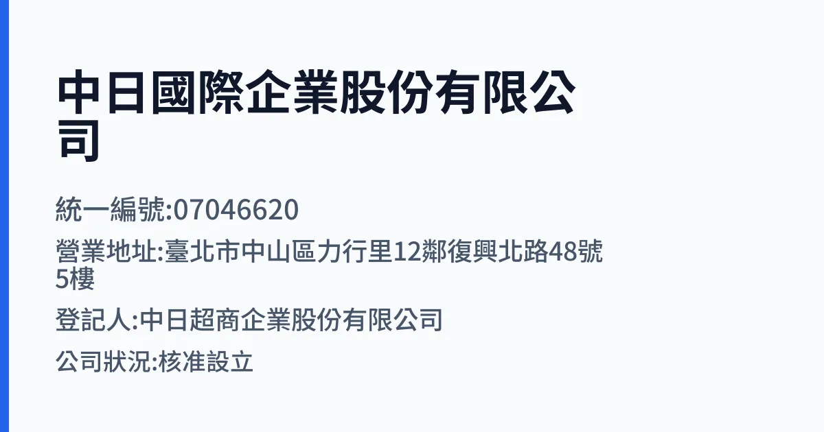 中日國際企業股份有限公司 - 統編 07046620（臺北市） 公司登記資料與營業項目詳細圖表