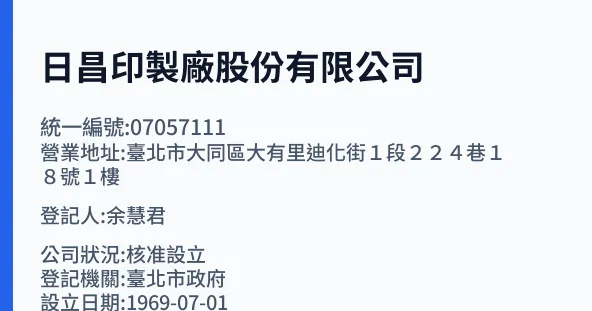 日昌印製廠股份有限公司的照片-統編 07057111(臺北市) 公司登記資料與營業項目詳細圖表