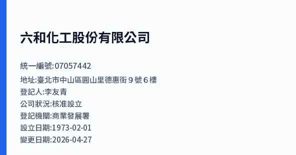 六和化工股份有限公司的照片-統編 07057442(臺北市) 公司登記資料與營業項目詳細圖表