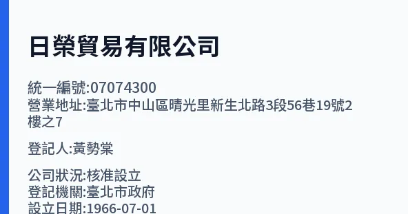 日榮貿易有限公司的照片-統編 07074300(臺北市) 公司登記資料與營業項目詳細圖表