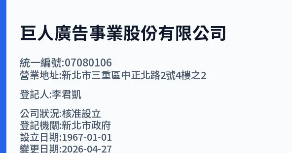 巨人廣告事業股份有限公司的照片-統編 07080106(新北市) 公司登記資料與營業項目詳細圖表