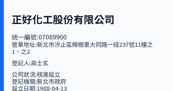 正好化工股份有限公司的照片-統編 07089900(新北市) 公司登記資料與營業項目詳細圖表