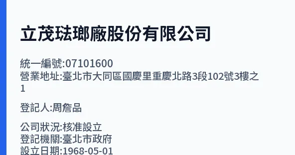 立茂琺瑯廠股份有限公司的照片-統編 07101600(臺北市) 公司登記資料與營業項目詳細圖表