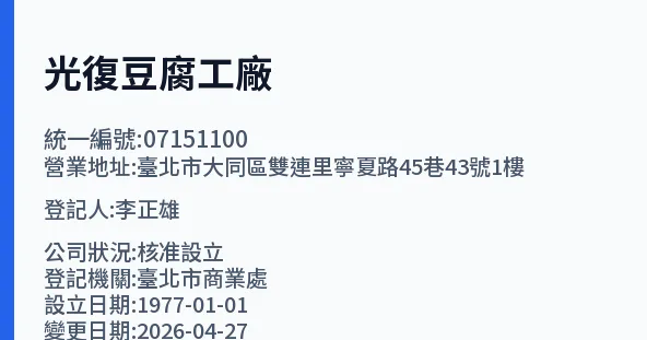 光復豆腐工廠的照片-統編 07151100(臺北市) 公司登記資料與營業項目詳細圖表