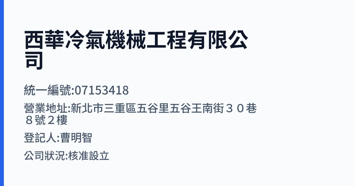 西華冷氣機械工程有限公司 - 統編 07153418(新北市) 公司登記資料與營業項目詳細圖表