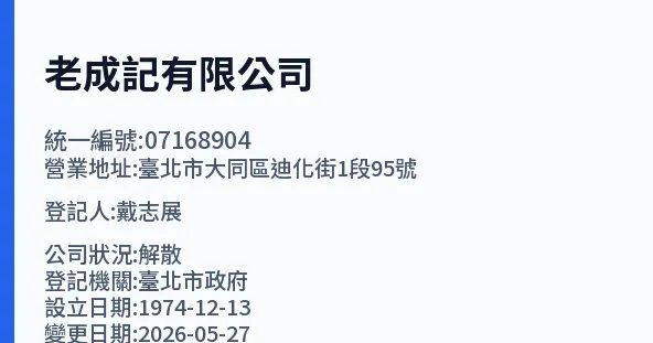 老成記有限公司的照片-統編 07168904(臺北市) 公司登記資料與營業項目詳細圖表