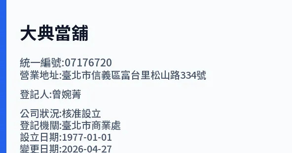 大典當舖的照片-統編 07176720(臺北市) 公司登記資料與營業項目詳細圖表