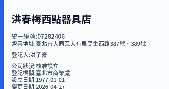 洪春梅西點器具店的照片-統編 07282406(臺北市) 公司登記資料與營業項目詳細圖表