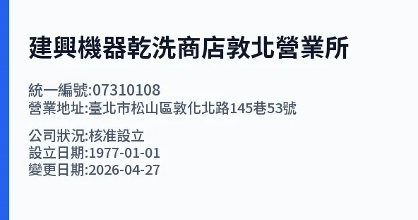 建興機器乾洗商店敦北營業所的照片-統編 07310108(臺北市) 公司登記資料與營業項目詳細圖表