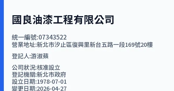 國良油漆工程有限公司的照片-統編 07343522(新北市) 公司登記資料與營業項目詳細圖表