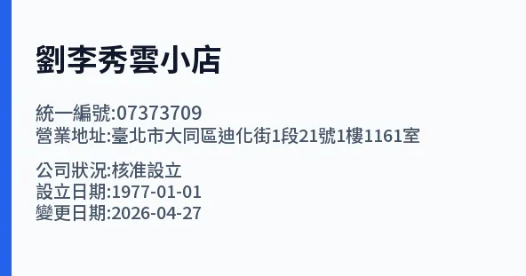 劉李秀雲小店的照片-統編 07373709(臺北市) 公司登記資料與營業項目詳細圖表