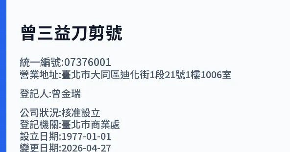 曾三益刀剪號的照片-統編 07376001(臺北市) 公司登記資料與營業項目詳細圖表