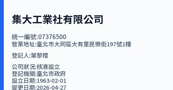 集大工業社有限公司的照片-統編 07376500(臺北市) 公司登記資料與營業項目詳細圖表