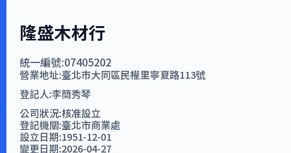 隆盛木材行的照片-統編 07405202(臺北市) 公司登記資料與營業項目詳細圖表