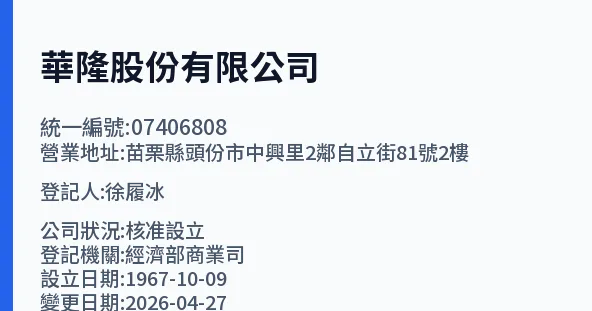 華隆股份有限公司的照片-統編 07406808(苗栗縣) 公司登記資料與營業項目詳細圖表