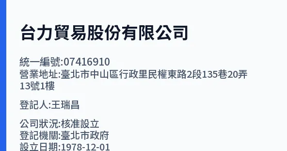 台力貿易股份有限公司的照片-統編 07416910(臺北市) 公司登記資料與營業項目詳細圖表