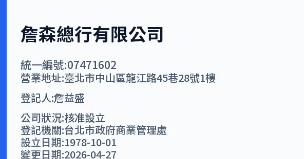 詹森總行有限公司的照片-統編 07471602(臺北市) 公司登記資料與營業項目詳細圖表