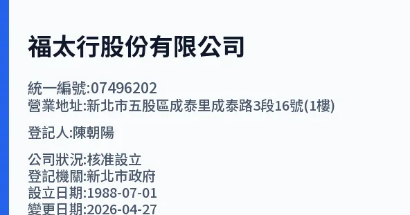 福太行股份有限公司的照片-統編 07496202(新北市) 公司登記資料與營業項目詳細圖表