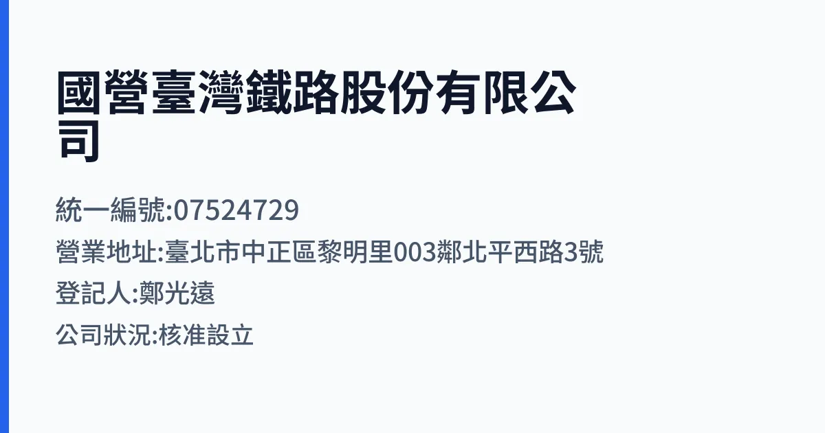 國營臺灣鐵路股份有限公司 - 統編 07524729(臺北市) 公司登記資料與營業項目詳細圖表