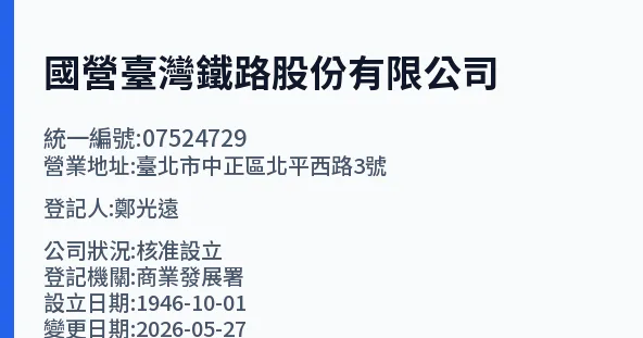 國營臺灣鐵路股份有限公司的照片-統編 07524729(臺北市) 公司登記資料與營業項目詳細圖表