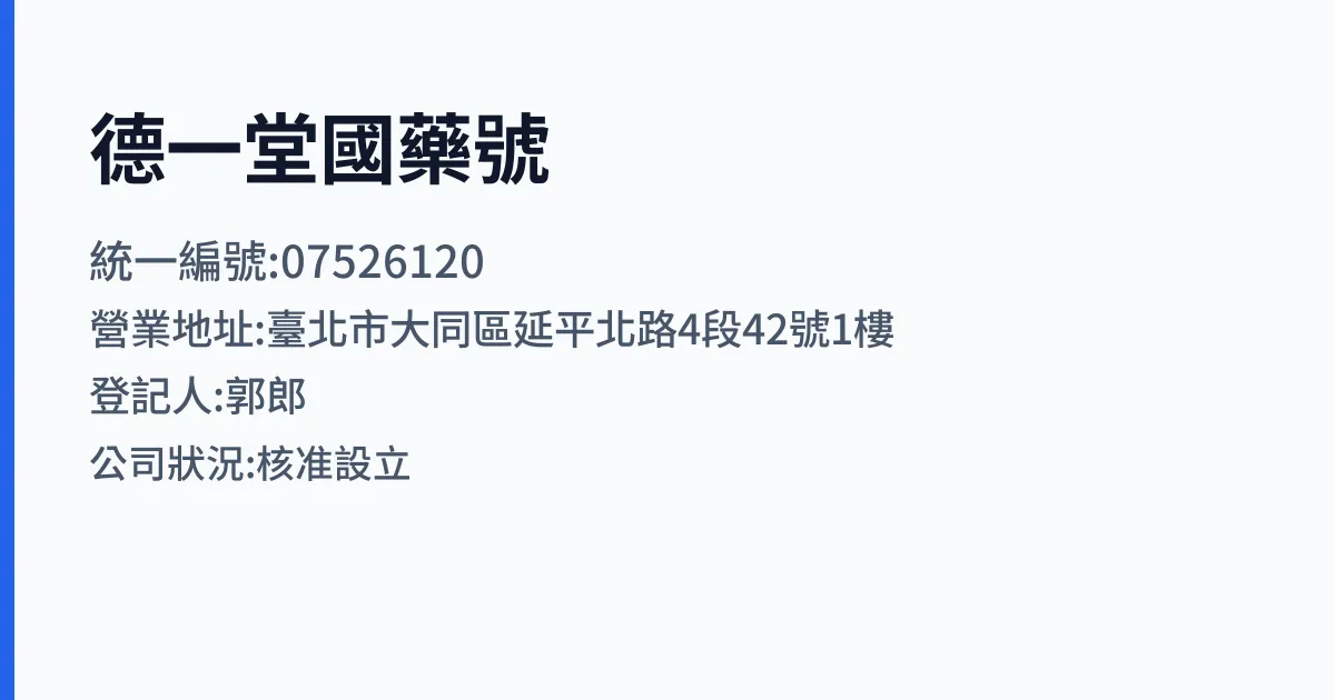 德一堂國藥號 - 統編 07526120(臺北市) 公司登記資料與營業項目詳細圖表