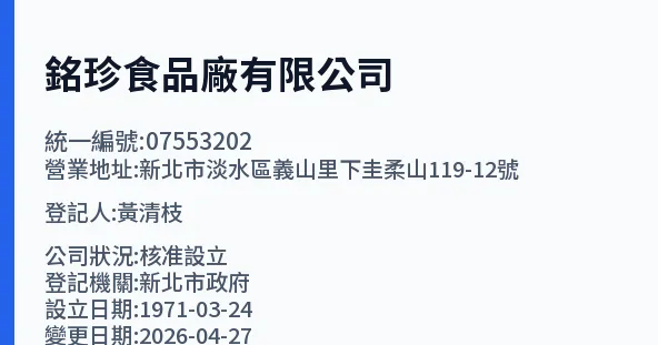 銘珍食品廠有限公司的照片-統編 07553202(新北市) 公司登記資料與營業項目詳細圖表