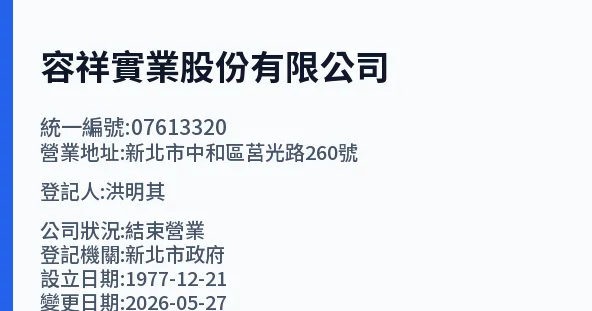 容祥實業股份有限公司的照片-統編 07613320(新北市) 公司登記資料與營業項目詳細圖表