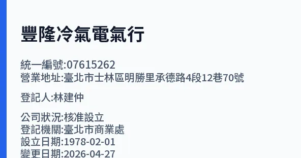 豐隆冷氣電氣行的照片-統編 07615262(臺北市) 公司登記資料與營業項目詳細圖表