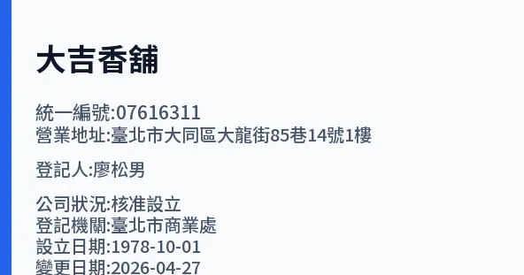 大吉香舖的照片-統編 07616311(臺北市) 公司登記資料與營業項目詳細圖表
