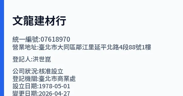 文龍建材行的照片-統編 07618970(臺北市) 公司登記資料與營業項目詳細圖表
