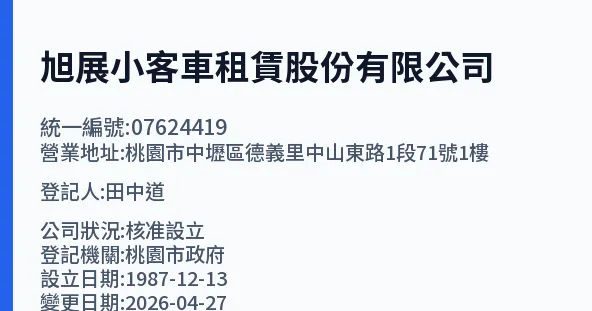 旭展小客車租賃股份有限公司的照片-統編 07624419(桃園市) 公司登記資料與營業項目詳細圖表