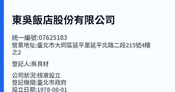 東吳飯店股份有限公司的照片-統編 07625183(臺北市) 公司登記資料與營業項目詳細圖表