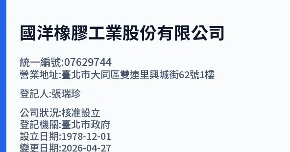國洋橡膠工業股份有限公司的照片-統編 07629744(臺北市) 公司登記資料與營業項目詳細圖表