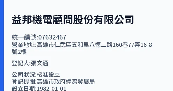 益邦機電顧問股份有限公司的照片-統編 07632467(高雄市) 公司登記資料與營業項目詳細圖表