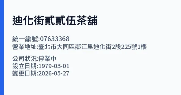 迪化街貳貳伍茶舖的照片-統編 07633368(臺北市) 公司登記資料與營業項目詳細圖表