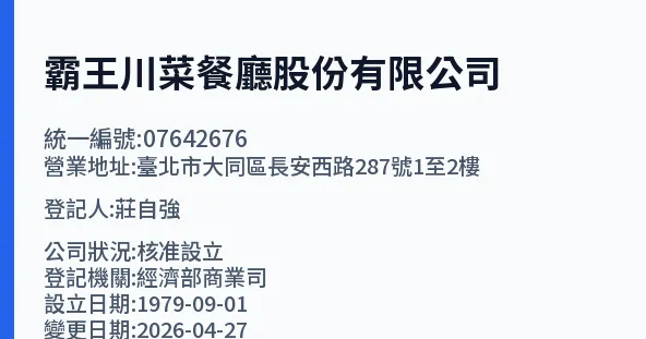 霸王川菜餐廳股份有限公司的照片-統編 07642676(臺北市) 公司登記資料與營業項目詳細圖表