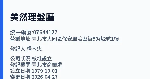 美然理髮廳的照片-統編 07644127(臺北市) 公司登記資料與營業項目詳細圖表