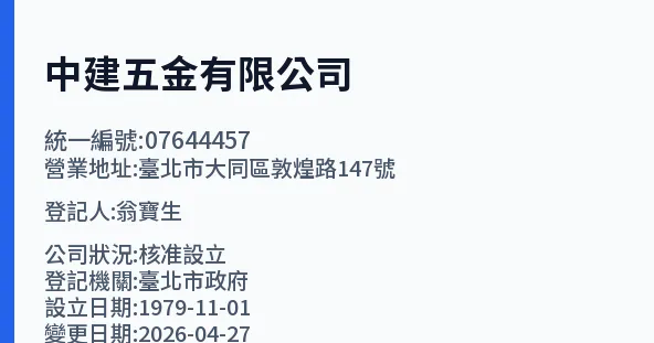 中建五金有限公司的照片-統編 07644457(臺北市) 公司登記資料與營業項目詳細圖表